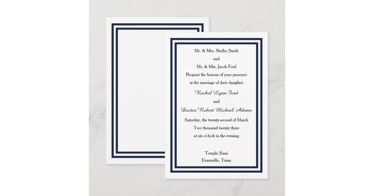 Double Navy Trim - 3x5 Wedding Invitation | Zazzle