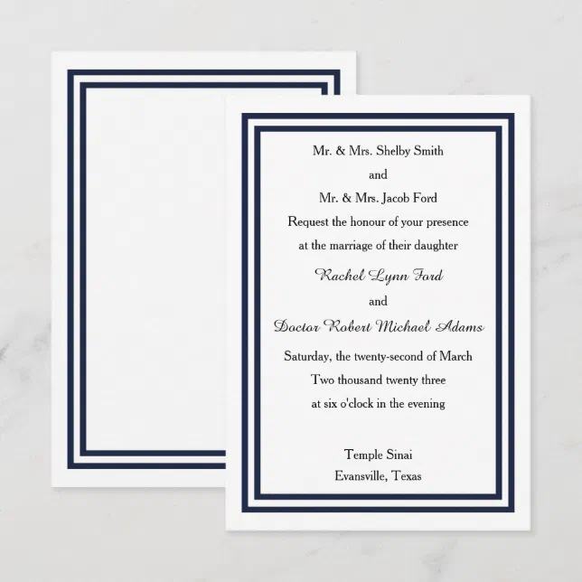 Double Navy Trim - 3x5 Wedding Invitation | Zazzle