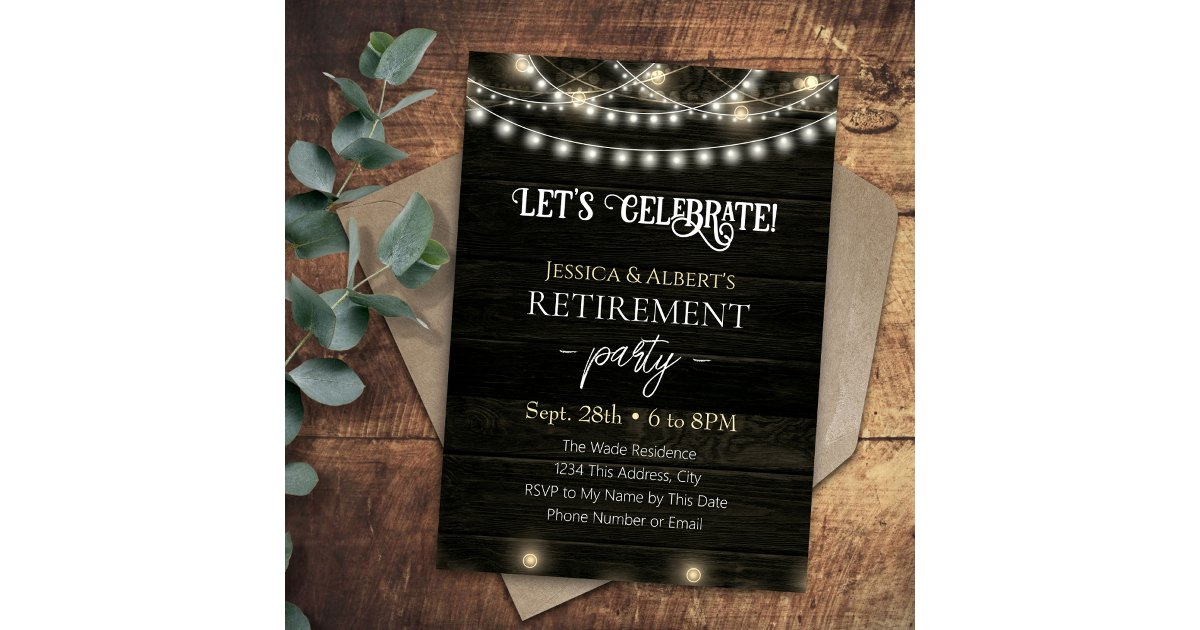Double Retirement Party Rustic Wood Lights Invitation | Zazzle