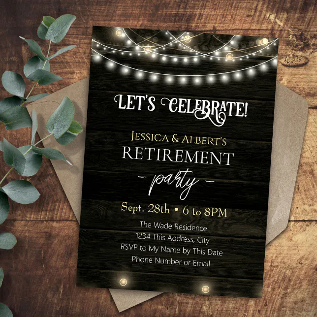 Double Retirement Party Rustic Wood Lights Invitation | Zazzle