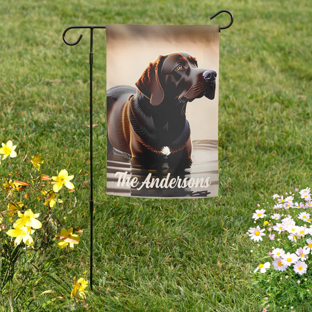 Double Sided Chocolate Lab Standing in Water Garden Flag | Zazzle