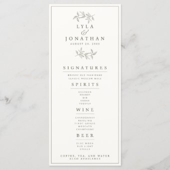 Double-Sided Ivory & Dark Olive Wedding Bar/Dinner Menu | Zazzle