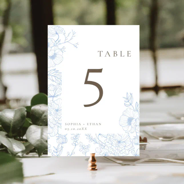 Double Sided Line Art French Blue Wedding Table Number | Zazzle