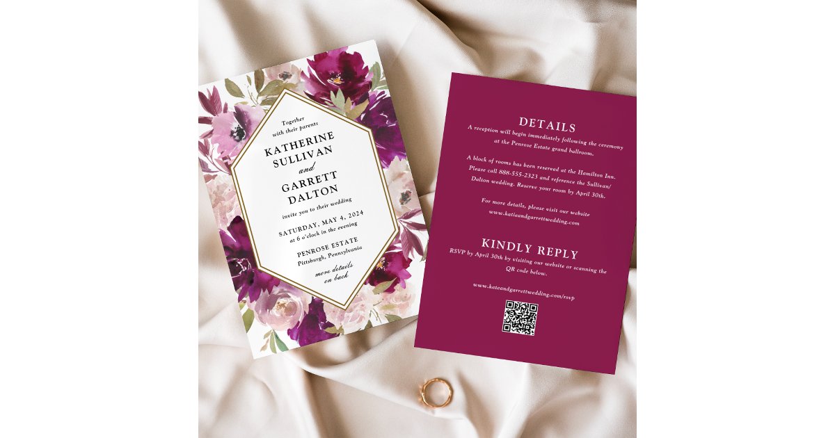 Double-sided Magenta Floral Wedding Website Invitation | Zazzle