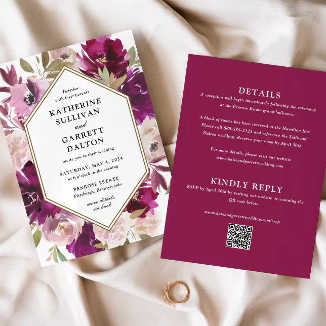 Double-sided Magenta Floral Wedding Website Invitation | Zazzle