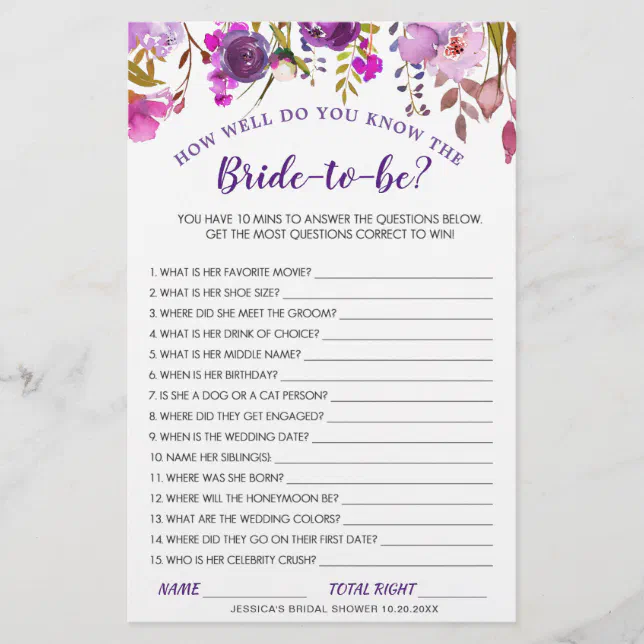 DOUBLE SIDED Purple Floral Bridal Shower Game | Zazzle