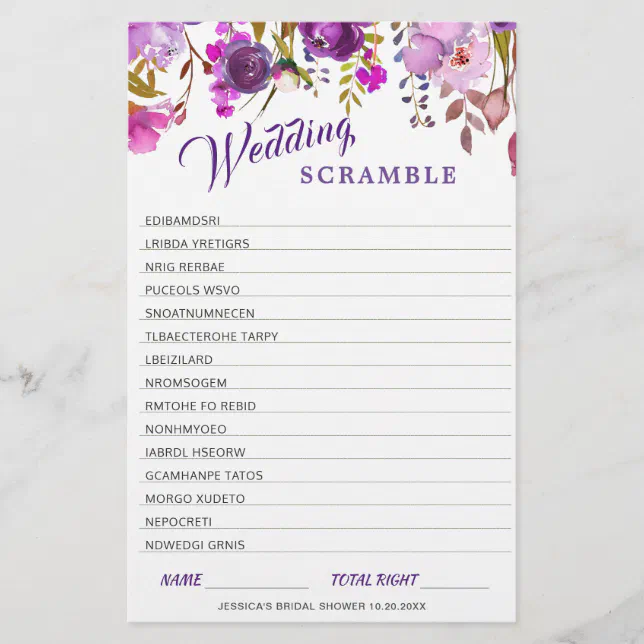 DOUBLE SIDED Purple Floral Bridal Shower Game | Zazzle