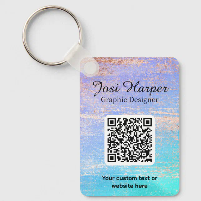 Double Sided QR Code Purple Teal Golden Business Keychain | Zazzle