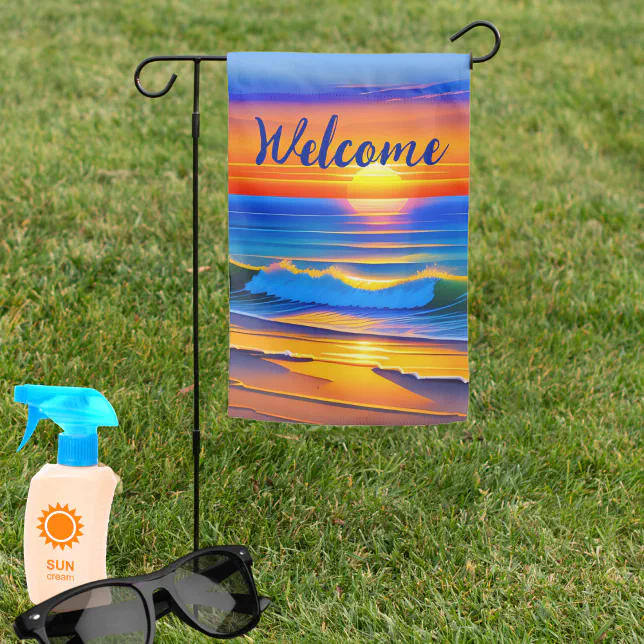 Double Sided Sunset on the Beach Welcome Garden Flag | Zazzle