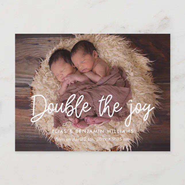 Double the joy twin birth announcement postcard | Zazzle
