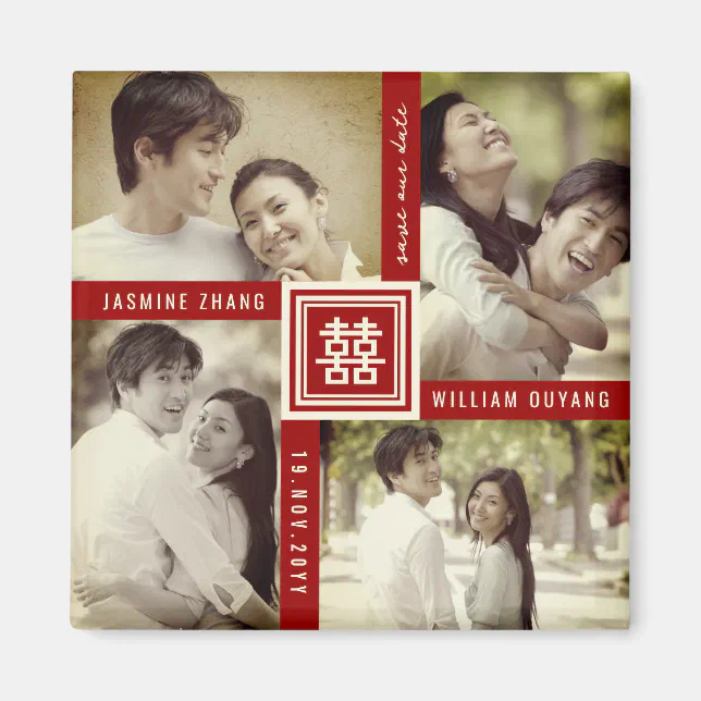 Double Xi Chinese Wedding 4 Photo Save The Date Magnet | Zazzle