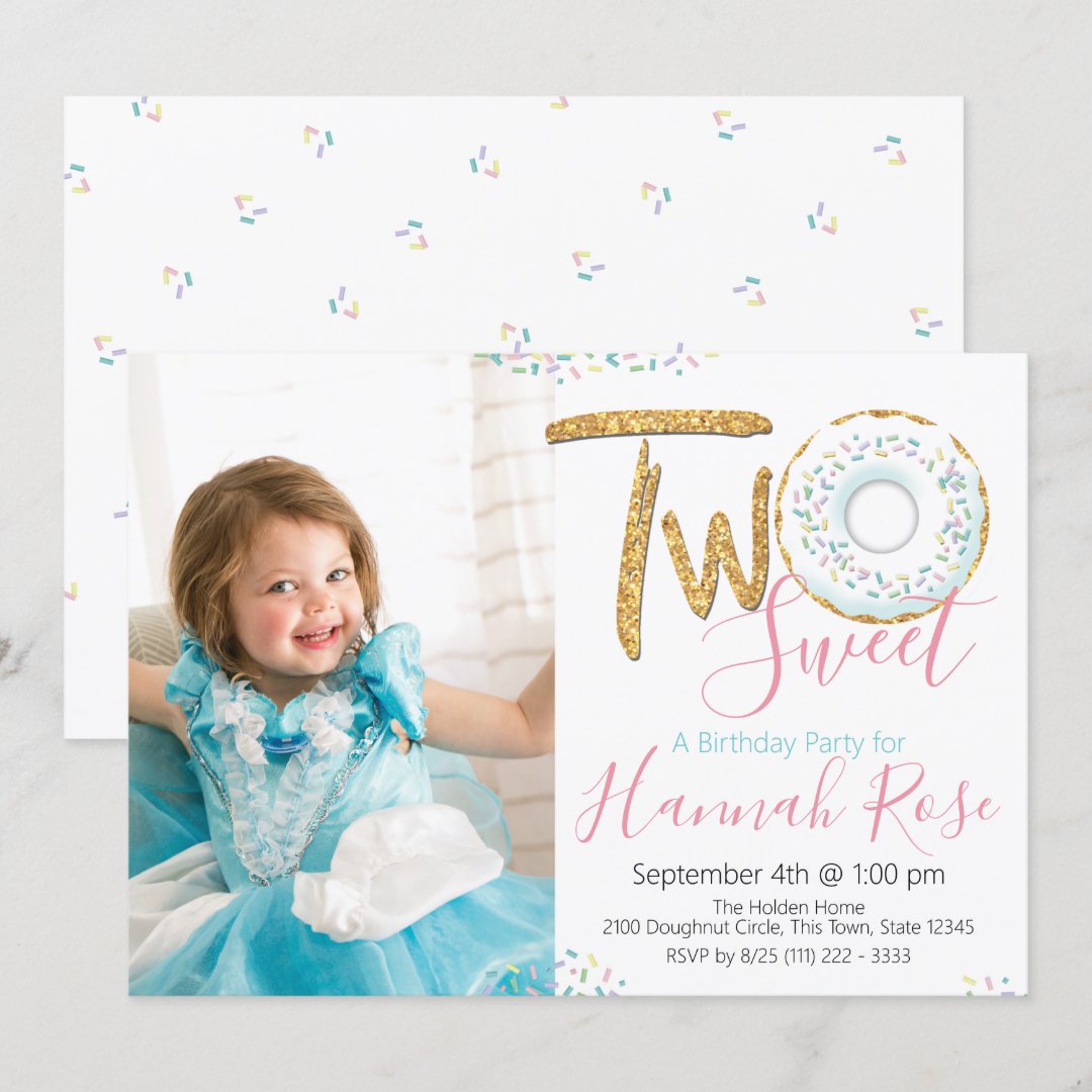 Doughnut Two Sweet 2nd Birthday Party Photo Invitation | Zazzle