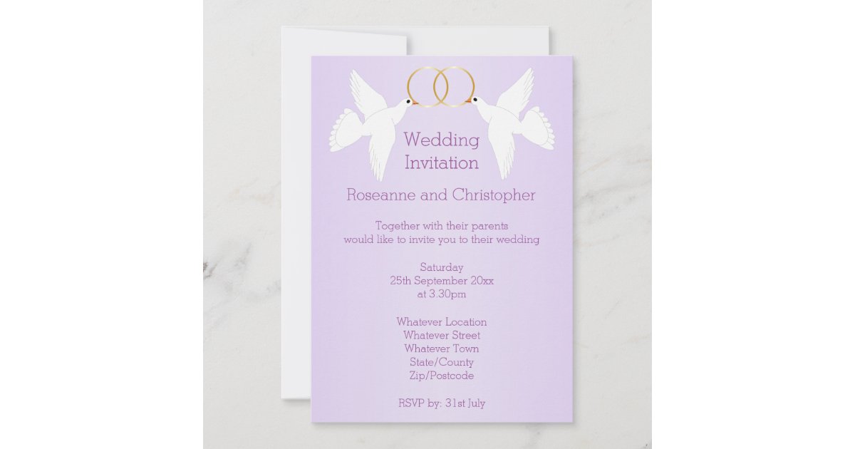 Doves Design Lilac Coloured Wedding Invitation | Zazzle