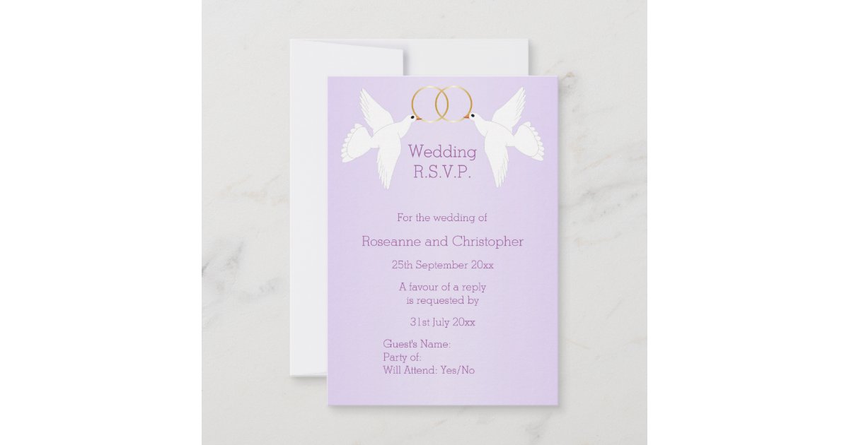 Doves Design Lilac Coloured Wedding RSVP Card | Zazzle