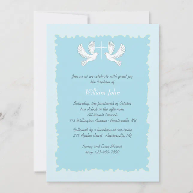 Doves Religious Invitation Blue | Zazzle