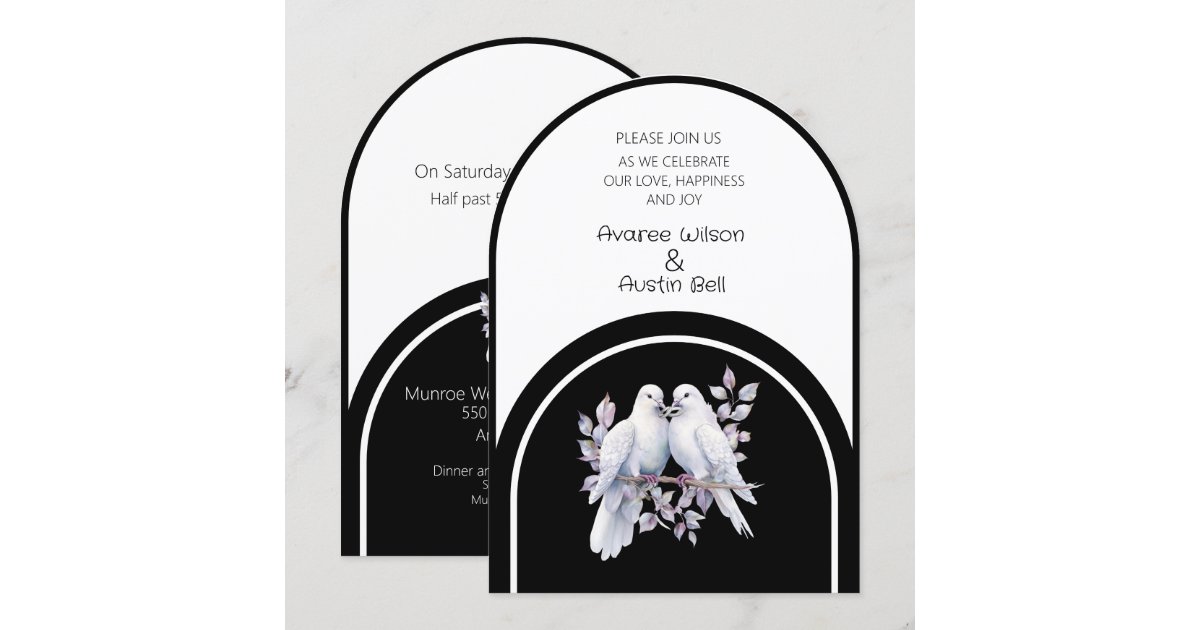 Doves Rings Black and White Arched Invitation | Zazzle