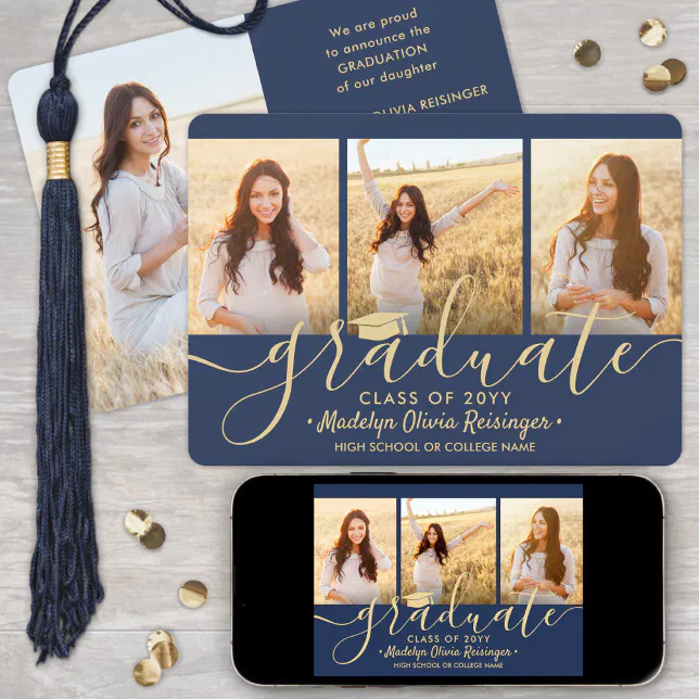 Downloadable 4 Photo Graduation Navy Blue & Gold Announcement | Zazzle