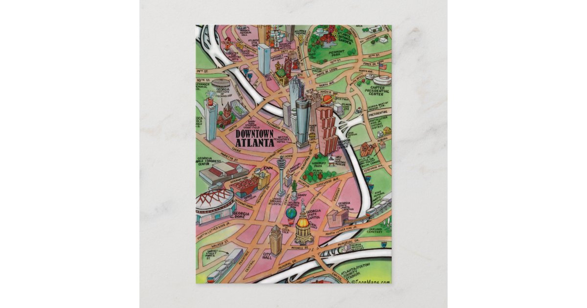 Downtown Atlanta Georgia Cartoon Map Postcard | Zazzle