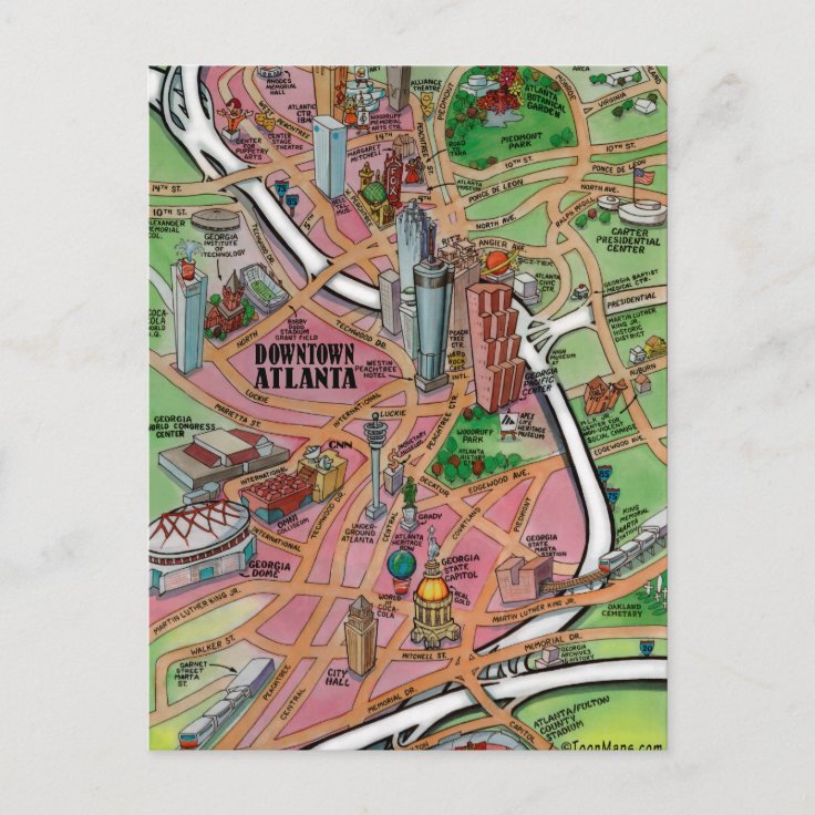Downtown Atlanta Georgia Cartoon Map Postcard | Zazzle
