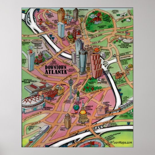 Downtown Atlanta Georgia Cartoon Map Poster | Zazzle.com