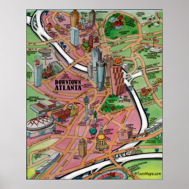 Downtown Atlanta Georgia Cartoon Map Poster | Zazzle