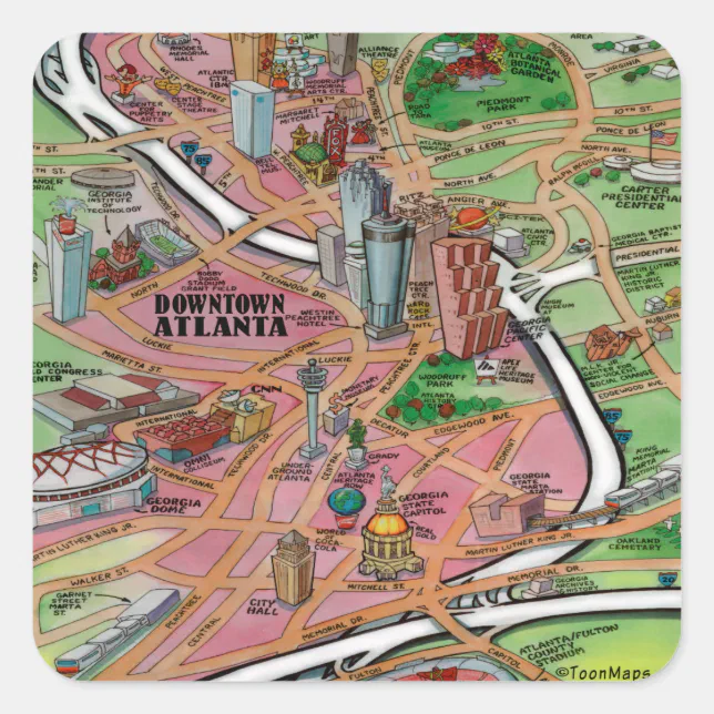 Downtown Atlanta Georgia Cartoon Map Square Sticker | Zazzle