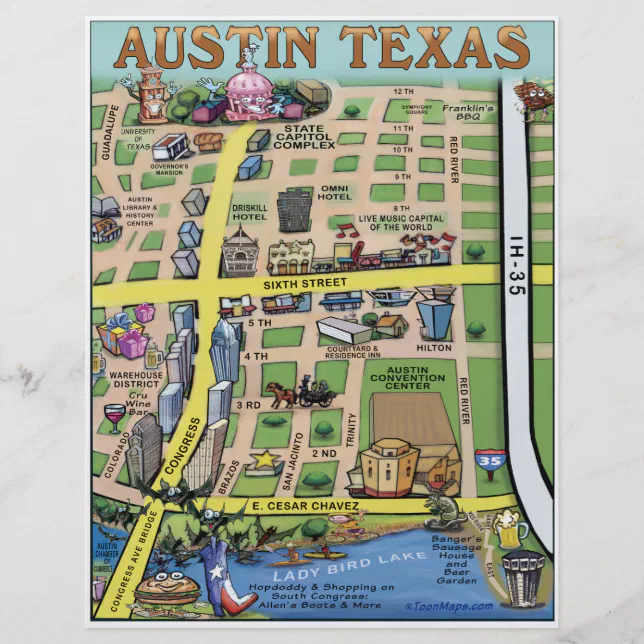 Downtown Austin Texas Cartoon Map Flyer | Zazzle