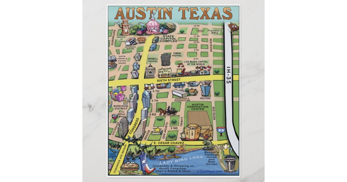 Downtown Austin Texas Cartoon Map Flyer | Zazzle