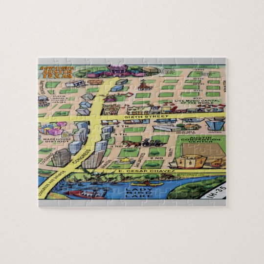 Downtown Austin Texas Cartoon Map Jigsaw Puzzle | Zazzle.com