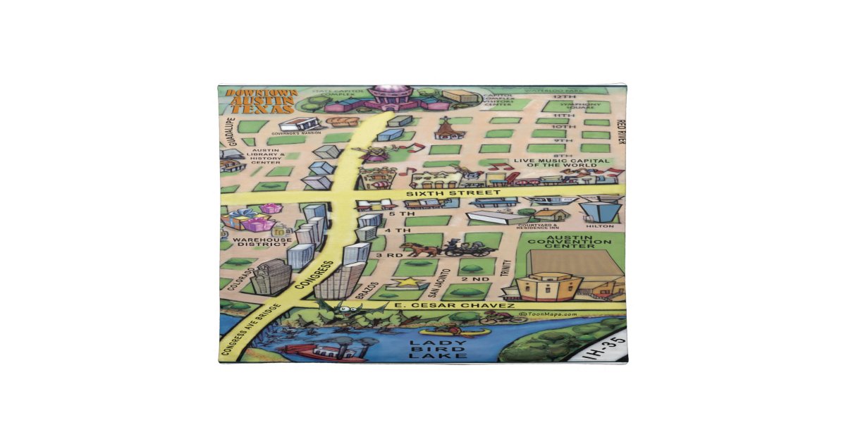 Downtown Austin Texas Cartoon Map Placemat | Zazzle