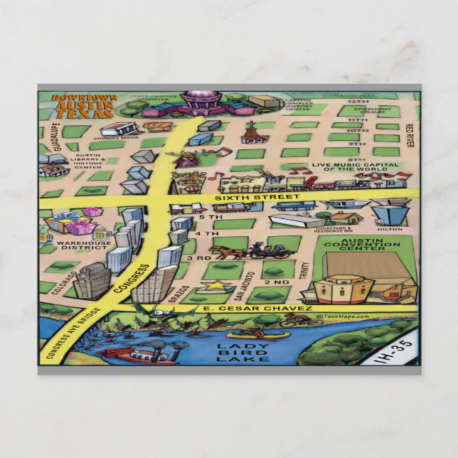 Downtown Austin Texas Cartoon Map Postcard | Zazzle