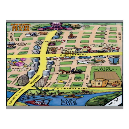 Downtown Austin Texas Cartoon Map Postcard | Zazzle.com