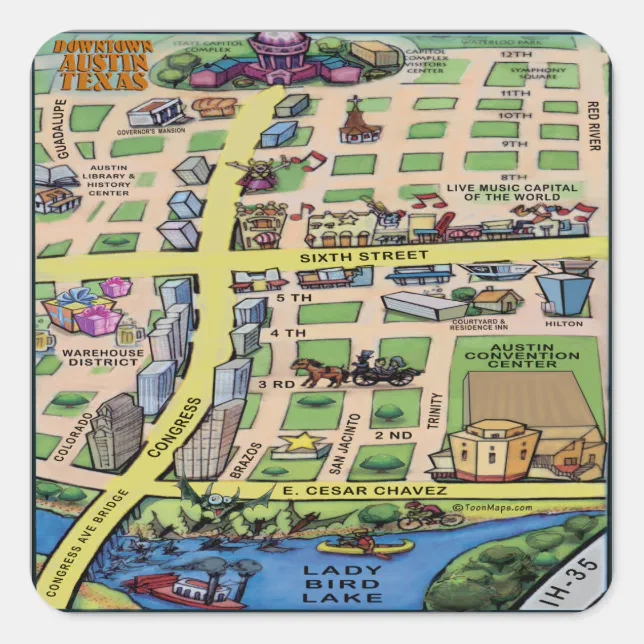Downtown Austin Texas Cartoon Map Square Sticker | Zazzle