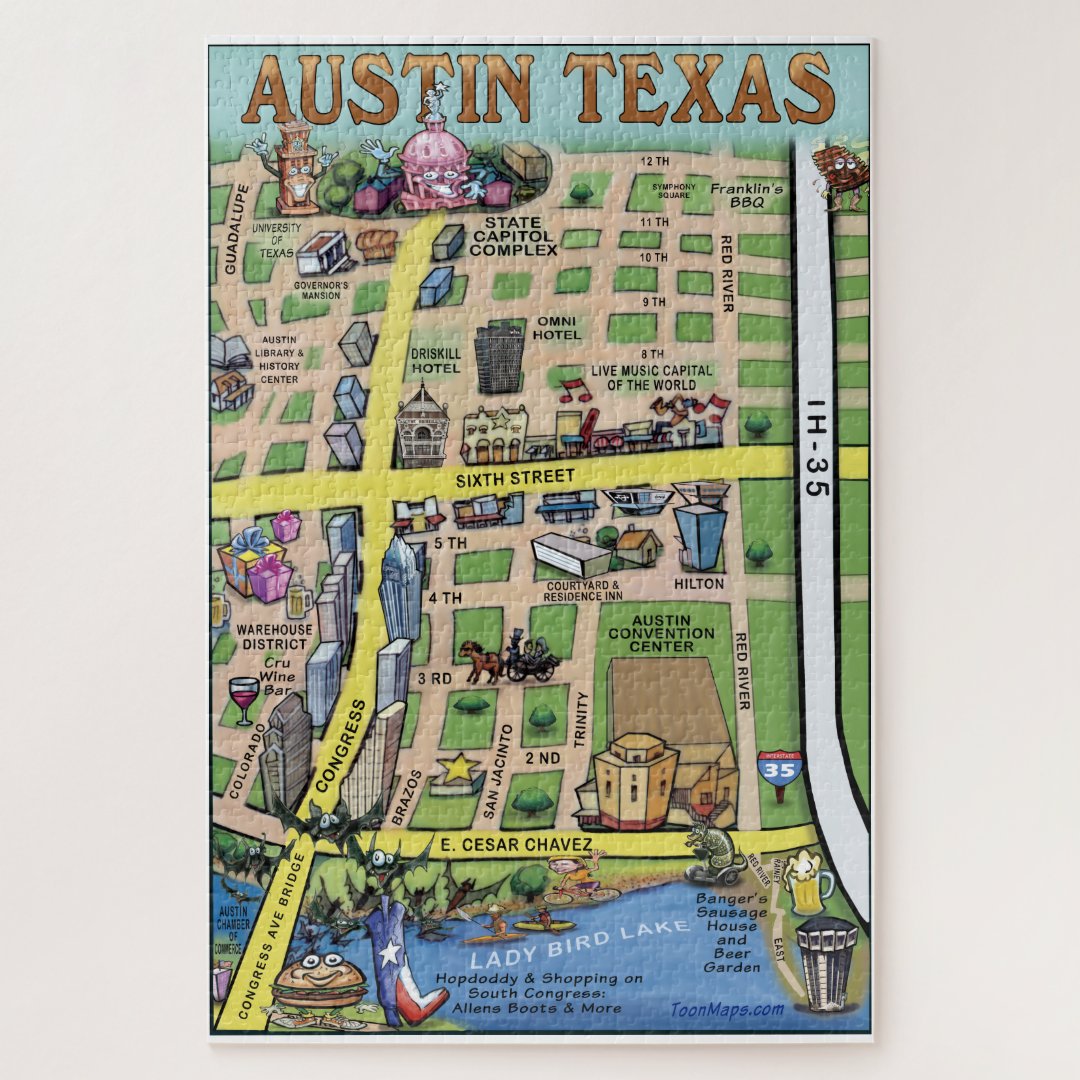 Downtown Austin Texas Fun Map Jigsaw Puzzle | Zazzle