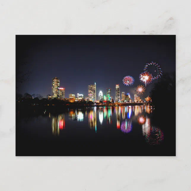 Downtown Austin Texas Night Skyline Fireworks Postcard | Zazzle