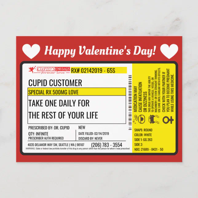 Dr. Cupid's Valentine Love Prescription Postcard | Zazzle