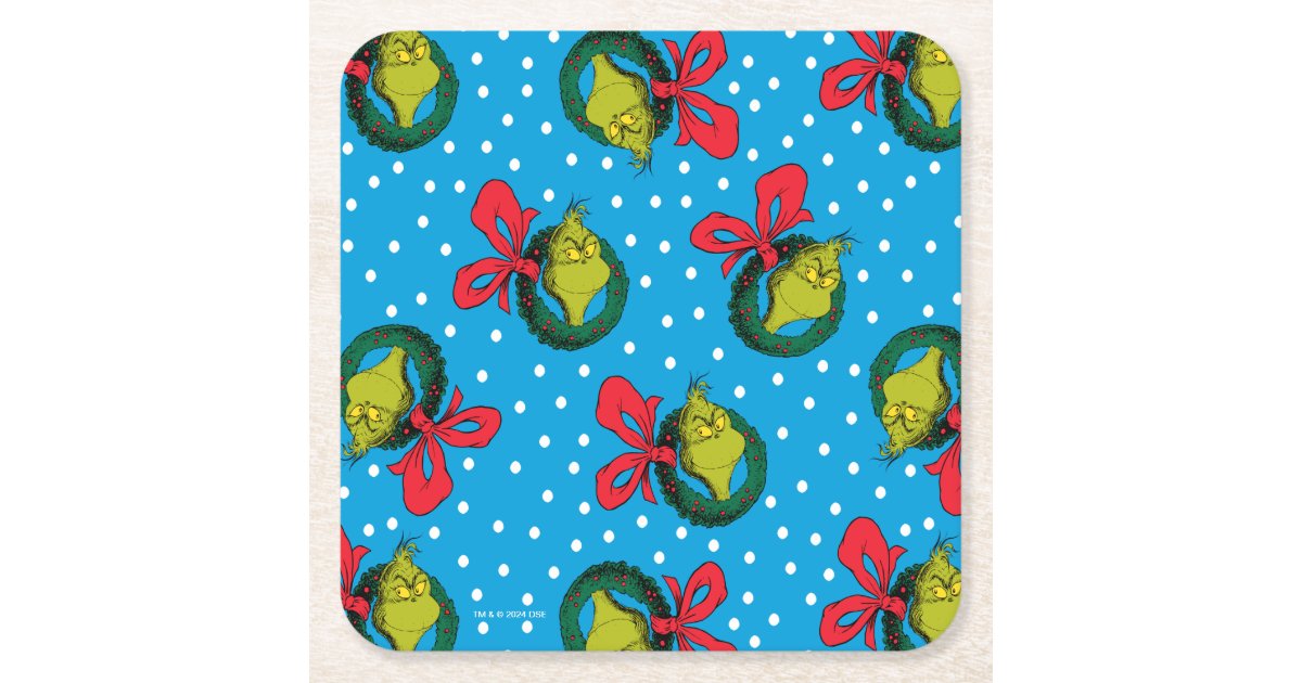 Dr. Seuss | Grinch | Christmas Wreath Pattern Square Paper Coaster | Zazzle