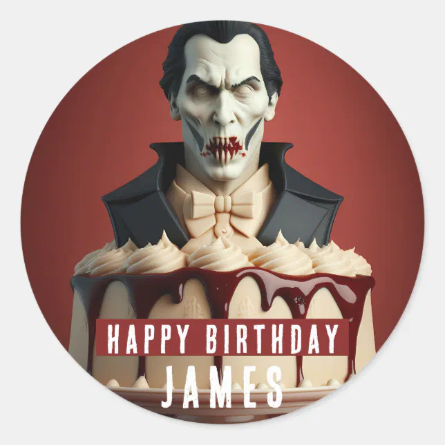 Dracula Vampire themed Cream Cake - Birthday Classic Round Sticker | Zazzle