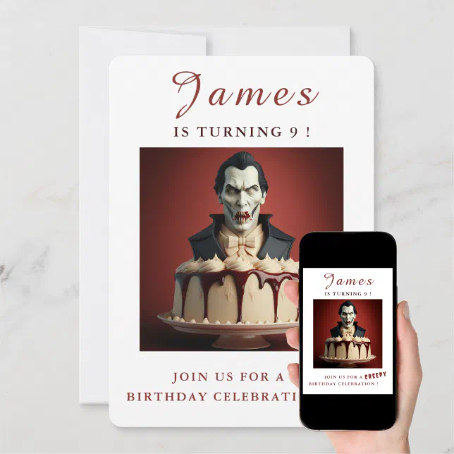 Dracula Vampire themed Cream Cake - Birthday Invitation | Zazzle