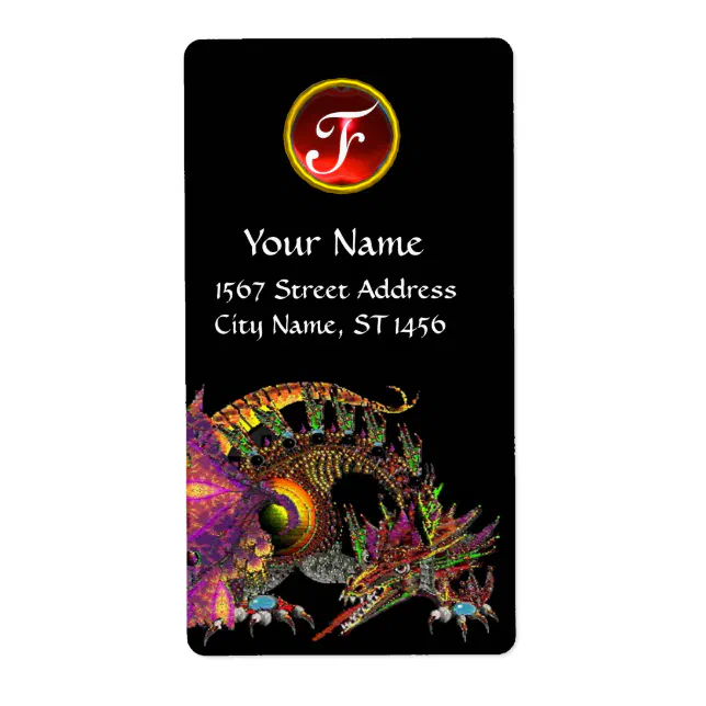 DRAGO / FANTASY GOLD DRAGON Red Ruby Gem Monogram Label | Zazzle