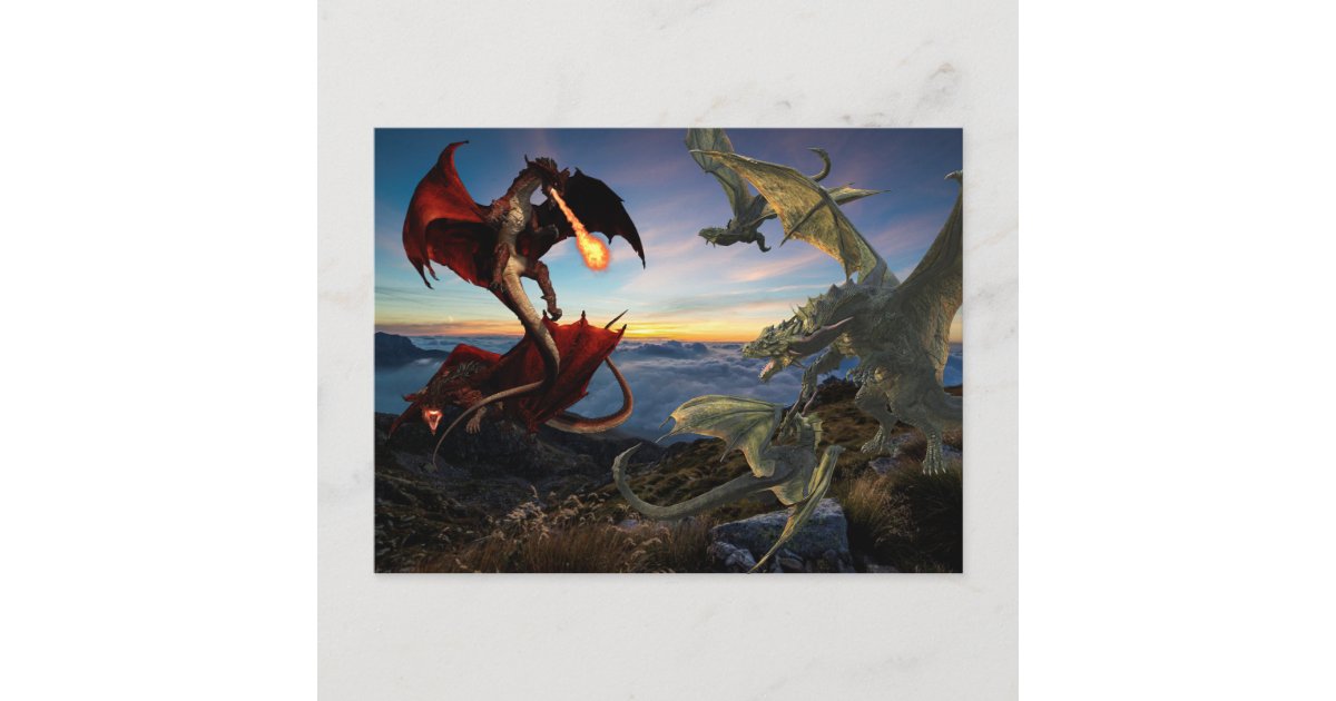 Dragon Battle Red Vs Green Fight Fantasy Postcard | Zazzle