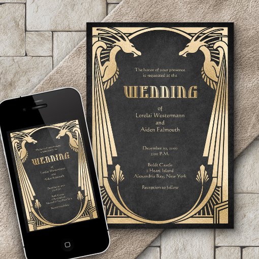 Dragon Fantasy Modern Deco Wedding Invitation | Zazzle