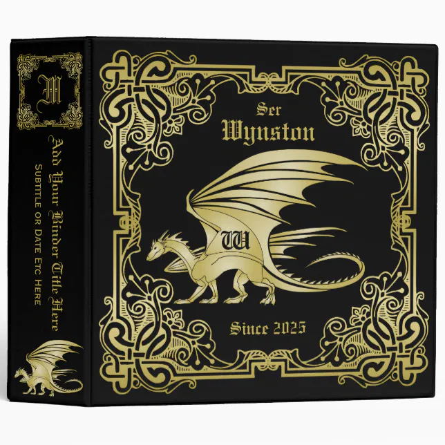 Dragon Monogram Gold Frame Traditional Book Cover 3 Ring Binder | Zazzle