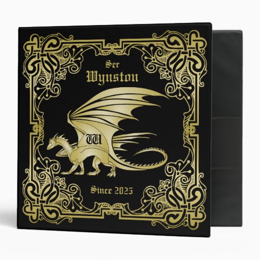 Dragon Monogram Gold Frame Traditional Book Cover 3 Ring Binder | Zazzle
