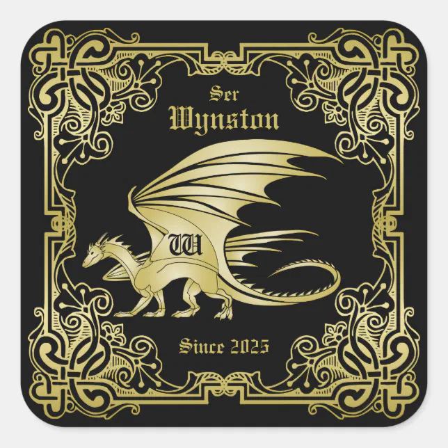 Dragon Monogram Gold Frame Traditional Book Cover Square Sticker | Zazzle