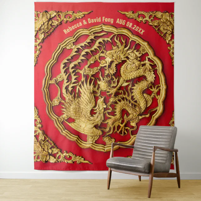Dragon Phoenix Red Gold Chinese Wedding Backdrop | Zazzle