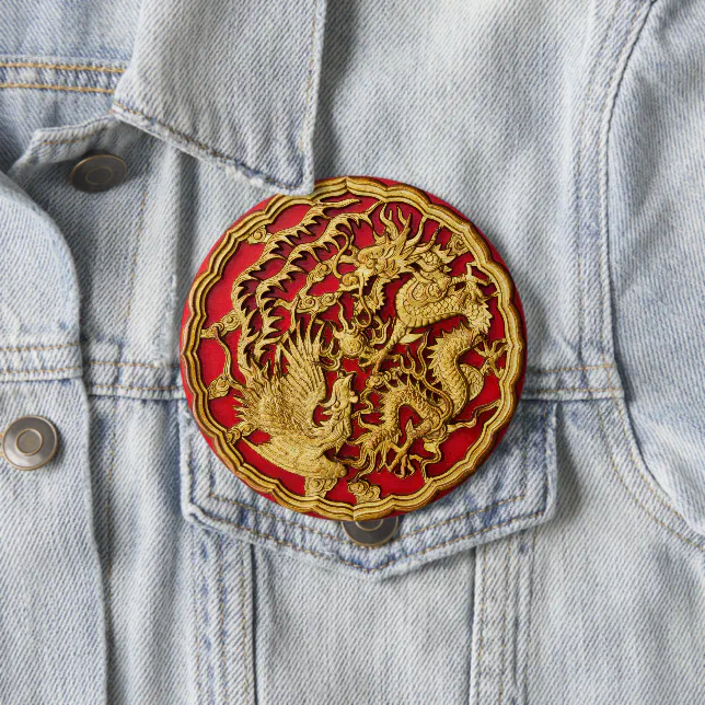 Dragon Phoenix Red Gold Chinese Wedding Favor Button | Zazzle