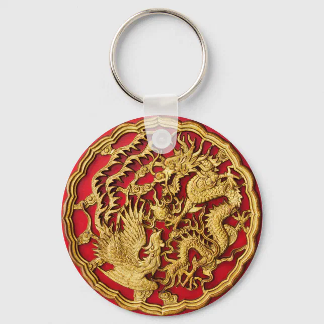 Dragon Phoenix Red Gold Chinese Wedding Favor Keychain | Zazzle