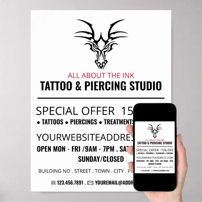 Dragon Tattoo, Tattoo & Body Piercing Studio Poster | Zazzle