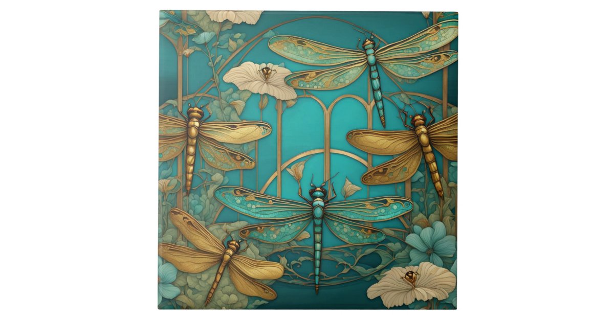 Dragonflies Art Nouveau Art Deco Teal Dragonfly Ceramic Tile | Zazzle